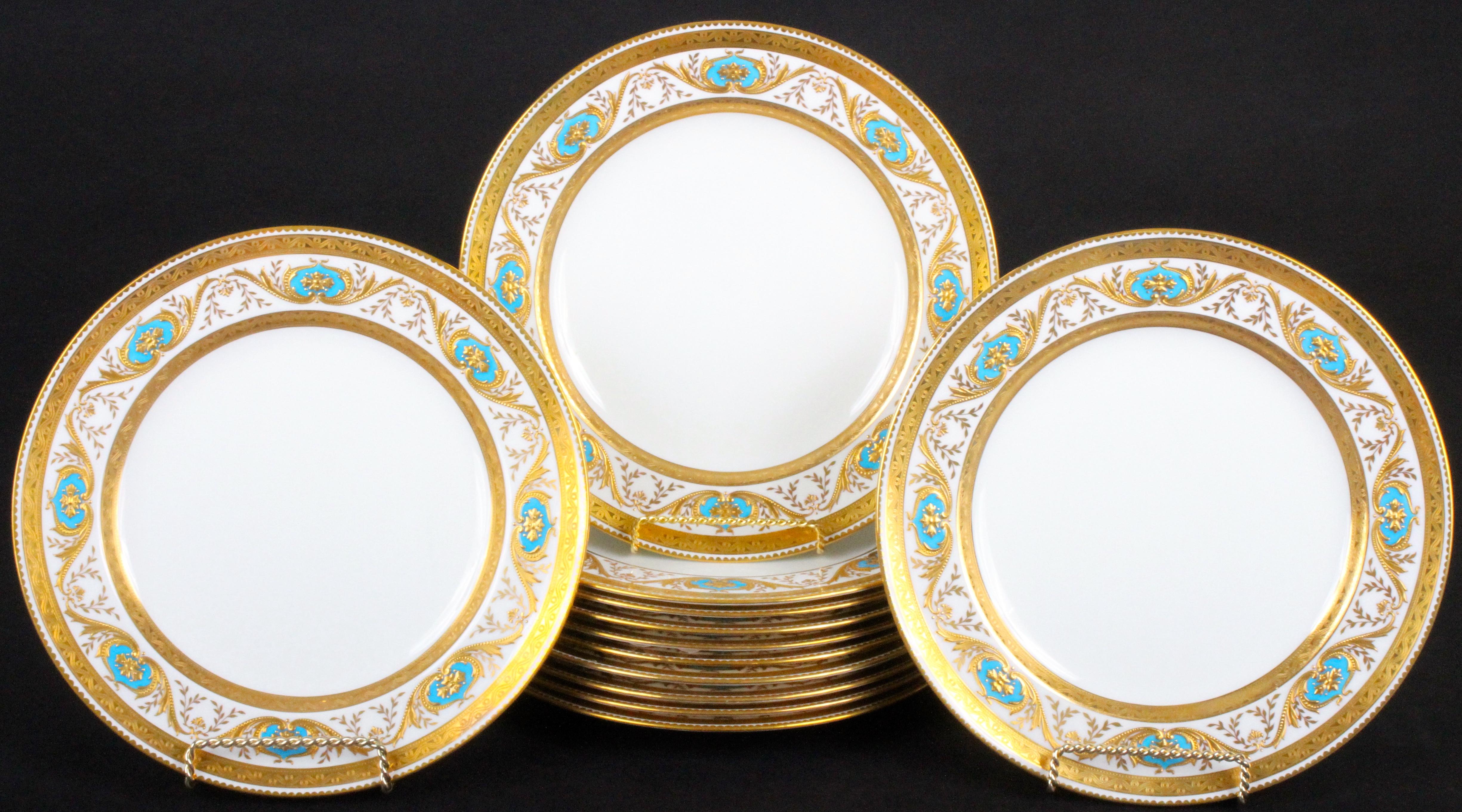 12 Minton Bleu Celeste or Turquoise Gilt Plates For Sale at 1stDibs