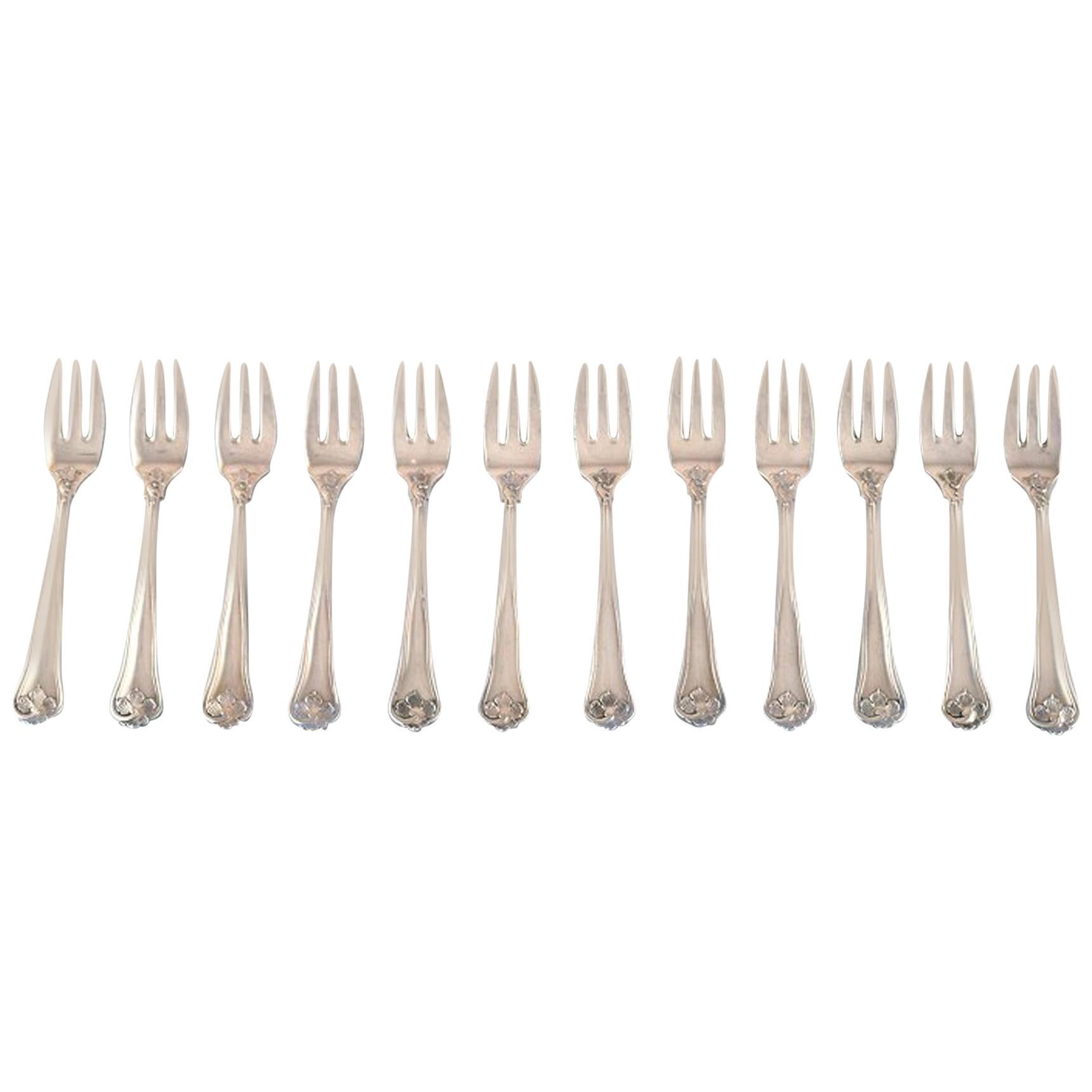 12 Pastry Forks, Cohr, Denmark Saxon Flower Silver Cutlery at 1stDibs