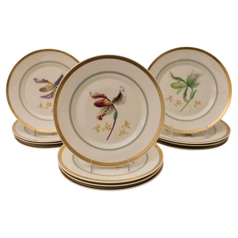 12 Royal Copenhagen Hand Painted Orchid Plates, 24 Karat Gilt Trimmed ...
