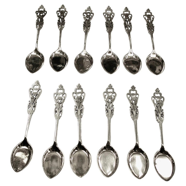 12 Silver Icecream Spoons Engraved and Pierced with Thistles, Sheffield ...
