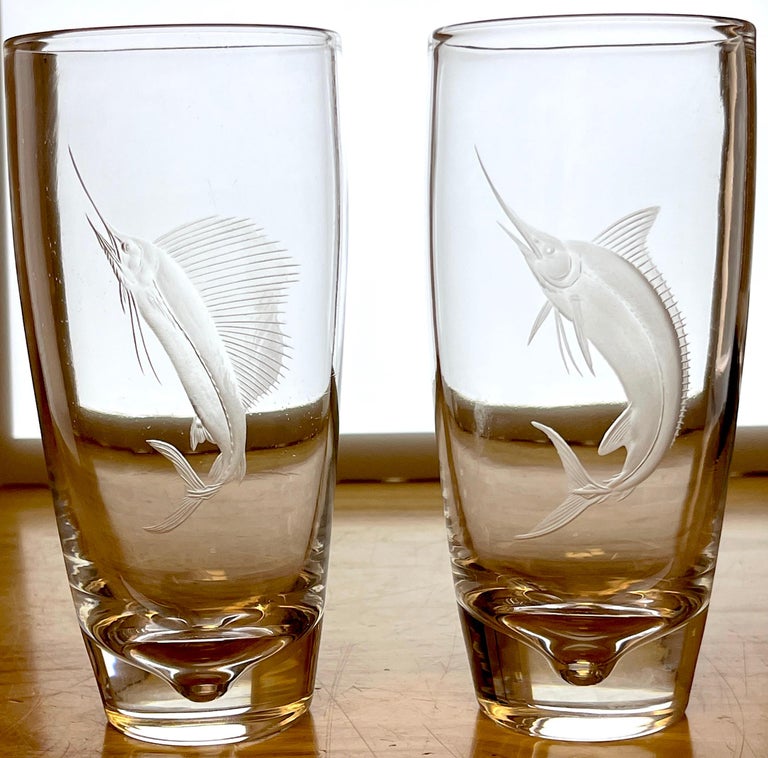12 Steuben/ George Thompson Engraved Prized Bull and Game Fish Glasses ...