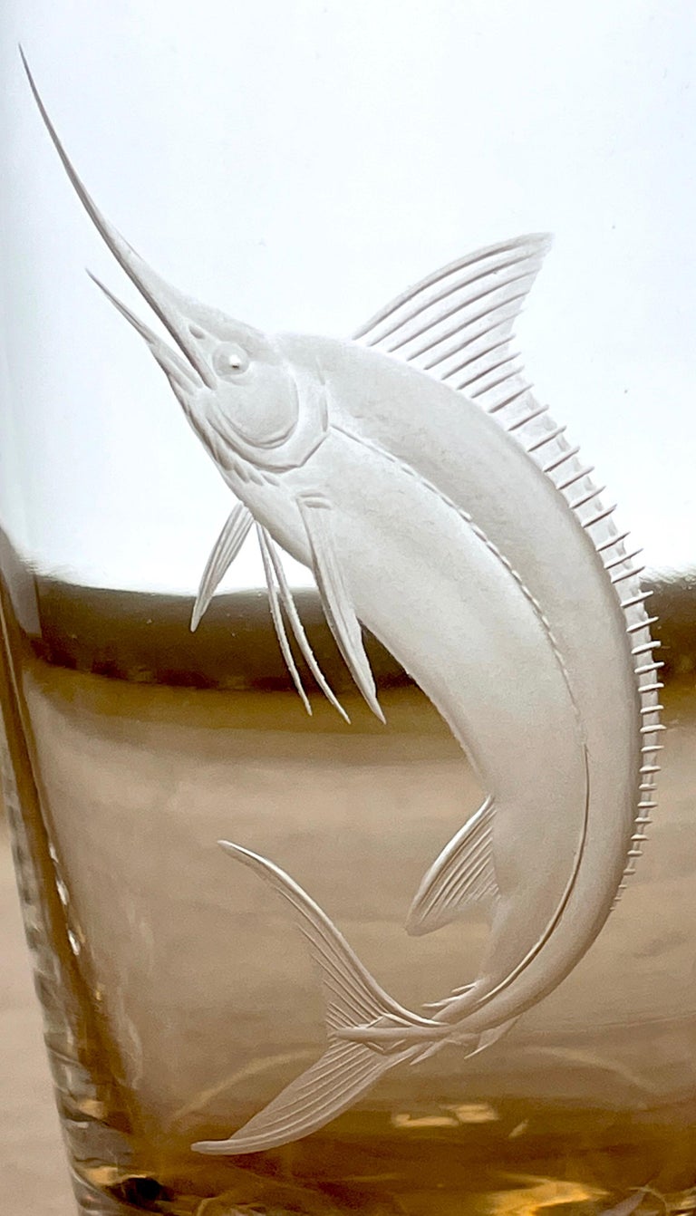 12 Steuben/ George Thompson Engraved Prized Bull and Game Fish Glasses ...