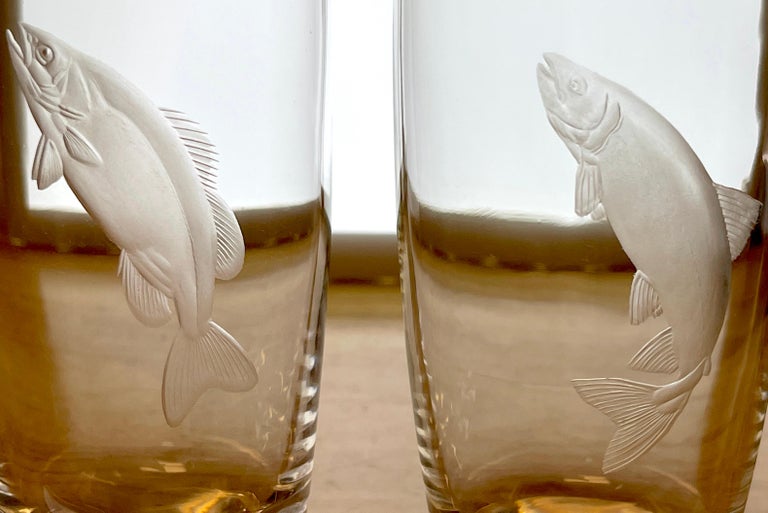 12 Steuben/ George Thompson Engraved Prized Bull and Game Fish Glasses ...