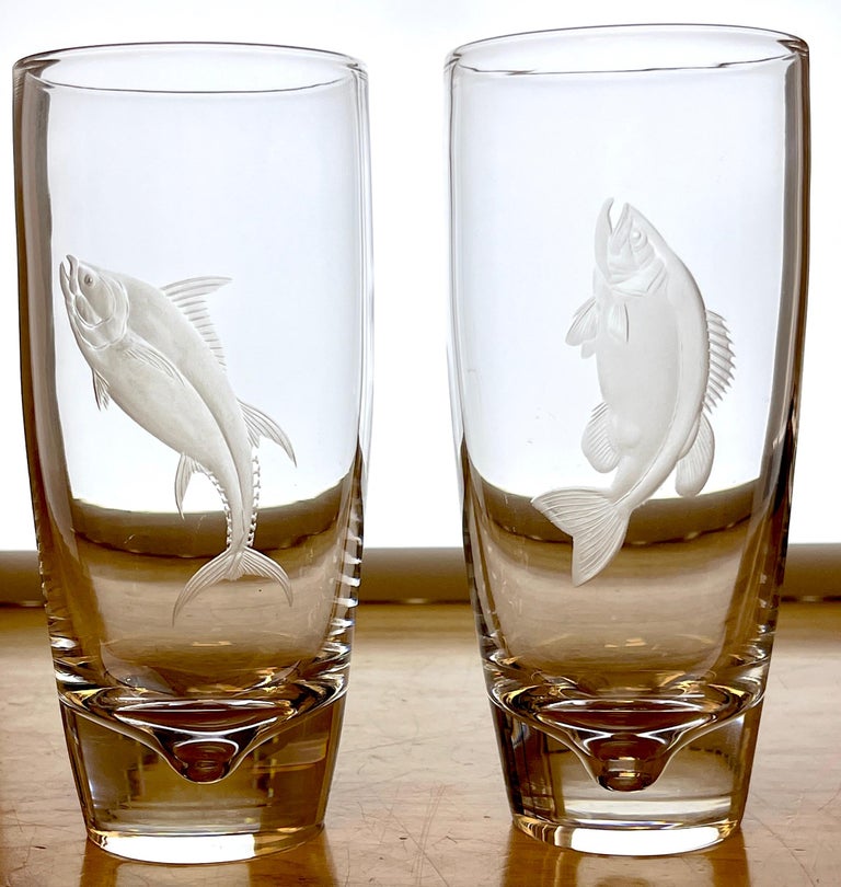 12 Steuben/ George Thompson Engraved Prized Bull and Game Fish Glasses ...