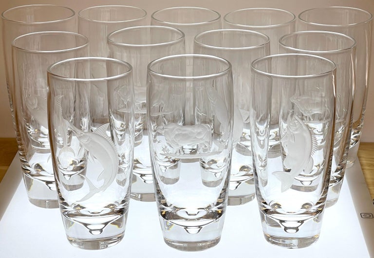12 Steuben/ George Thompson Engraved Prized Bull and Game Fish Glasses ...