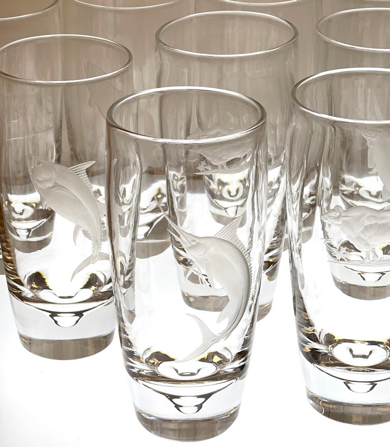 12 Steuben/ George Thompson Engraved Prized Bull and Game Fish Glasses ...