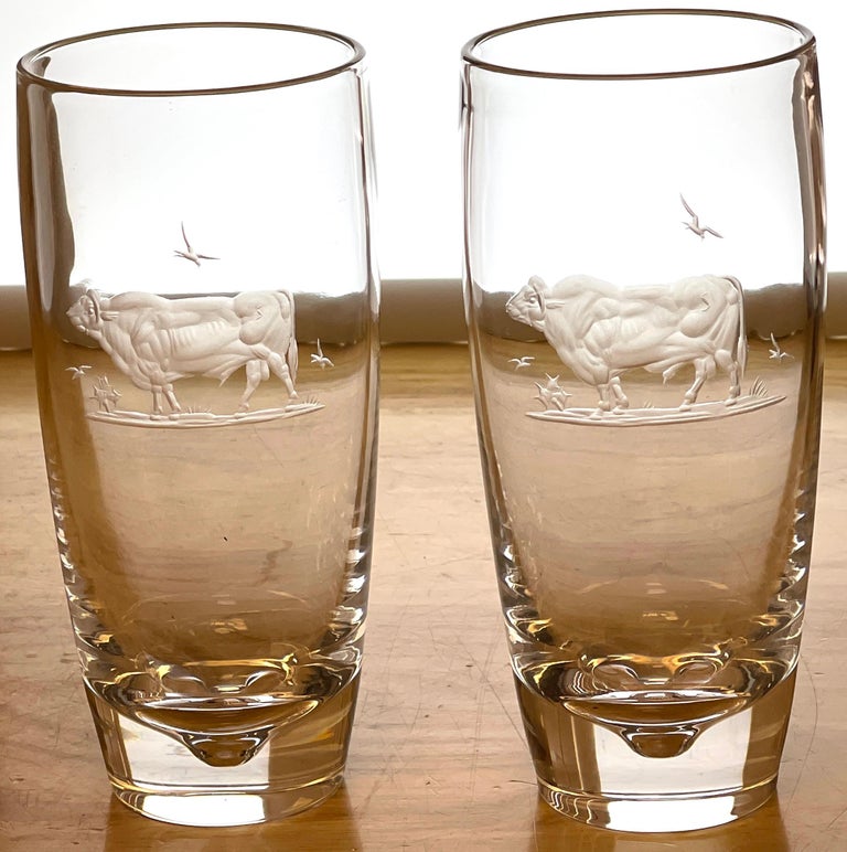 12 Steuben/ George Thompson Engraved Prized Bull and Game Fish Glasses ...
