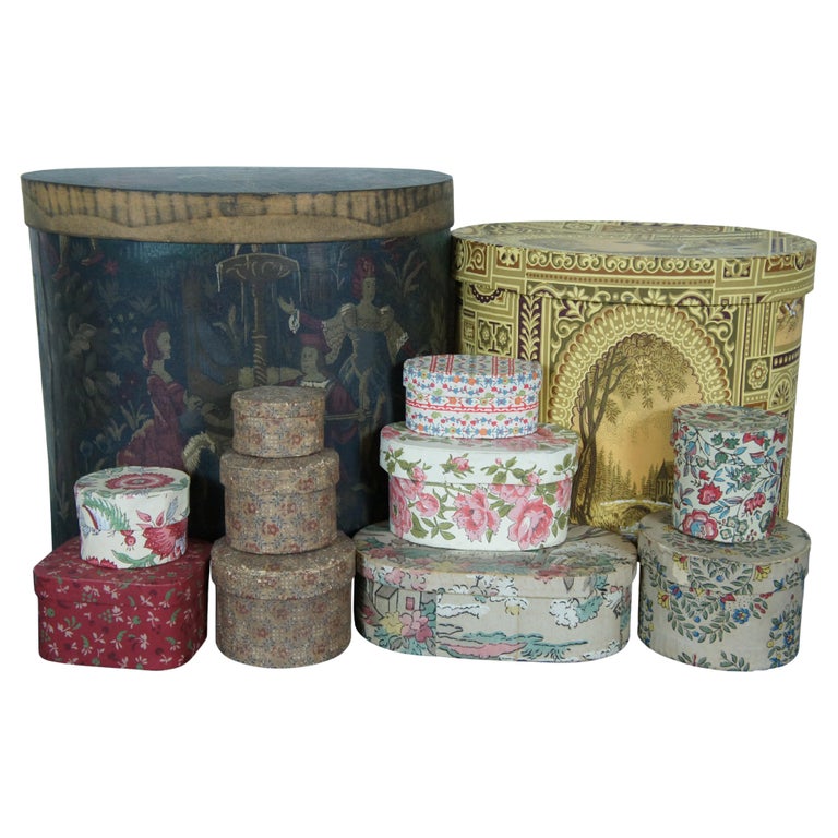 12 Vintage Antique Folk Art Paper Banded Hat Storage Trinket Bride ...