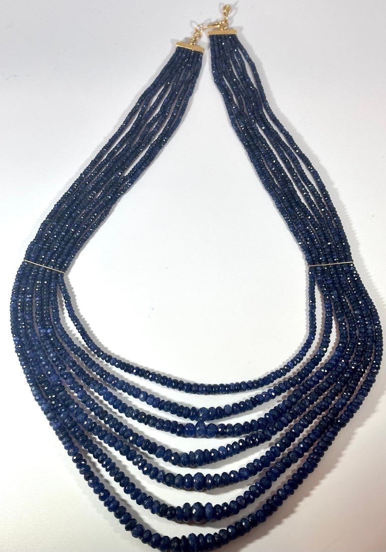1200 Carat Natural Sapphire Bead Seven Strand Necklace 14K Gold With ...