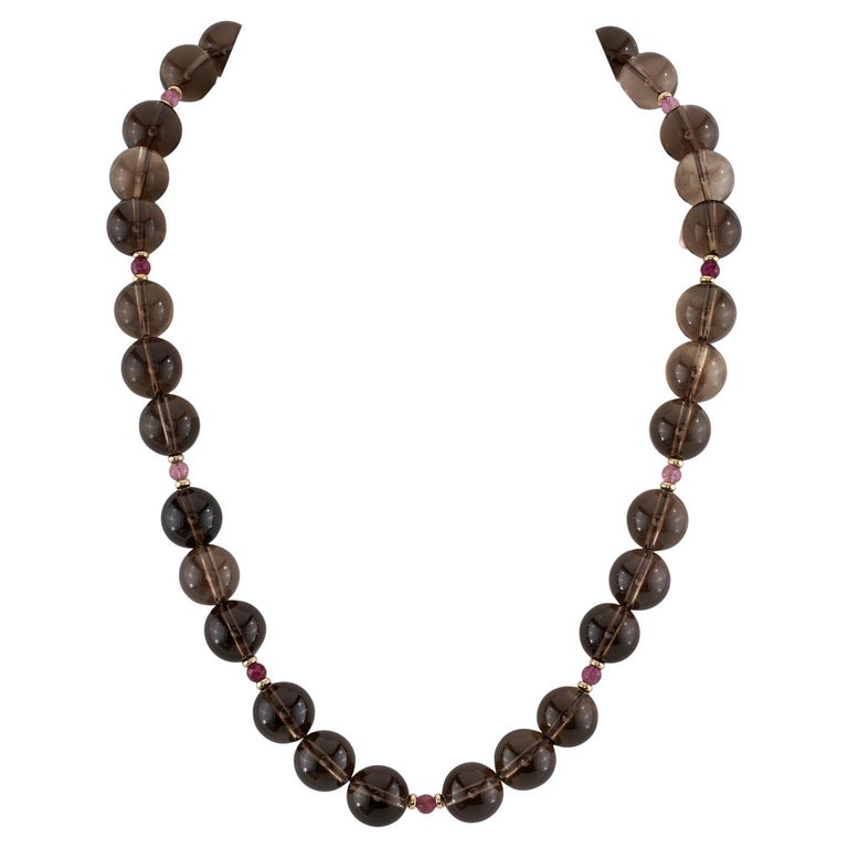 12,00 mm Rauchquarz, rosa Turmalin, Gelbgold Perlen-Halskette im ...