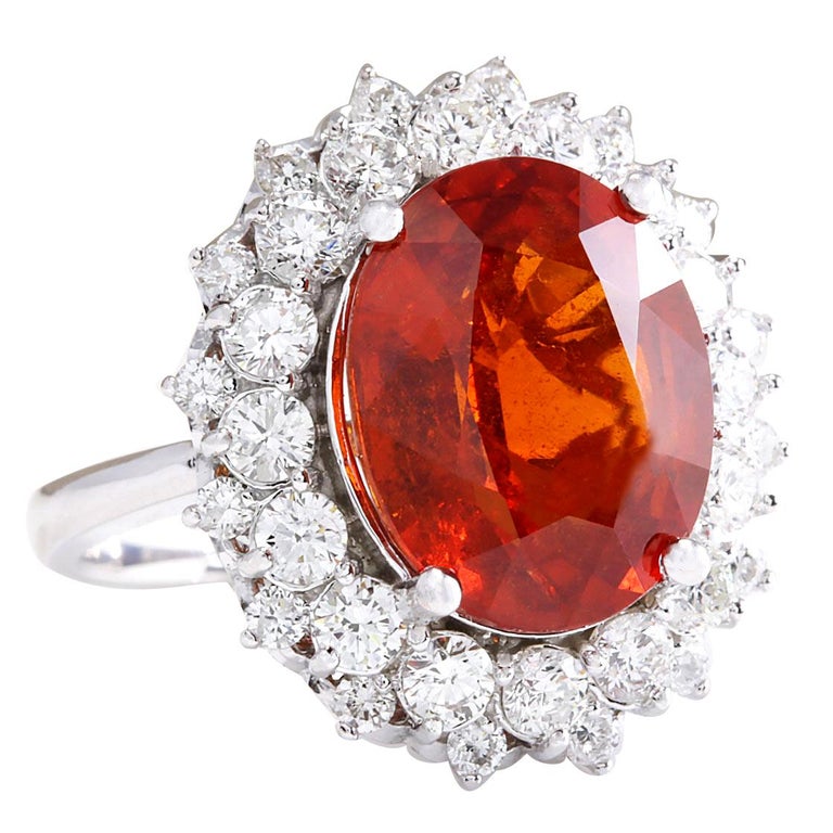 12.03 Carat Natural Mandarin Garnet 18 Karat White Gold Diamond Ring ...