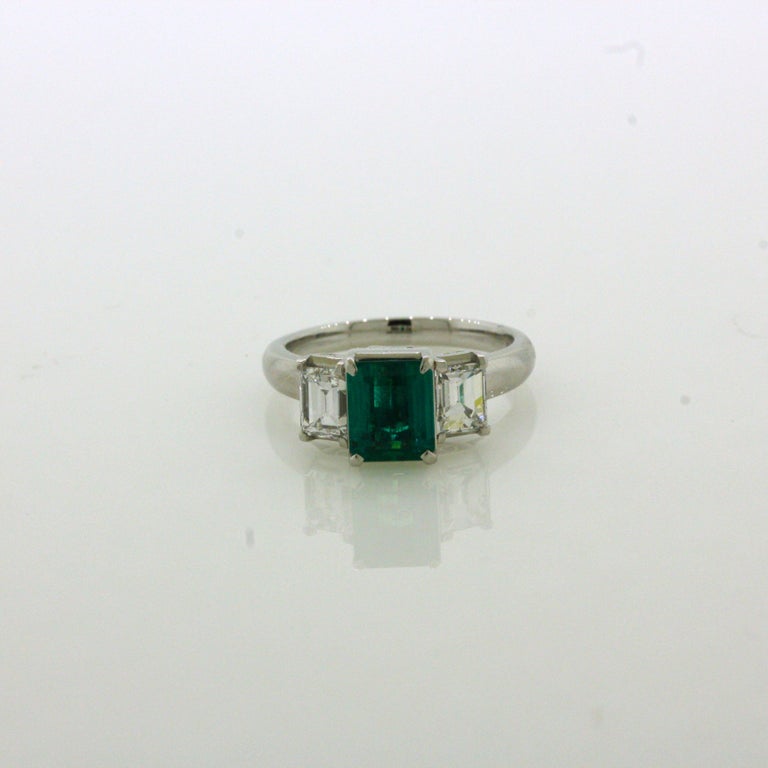 1.21 Carat Emerald Diamond 3-Stone Platinum Ring For Sale at 1stDibs