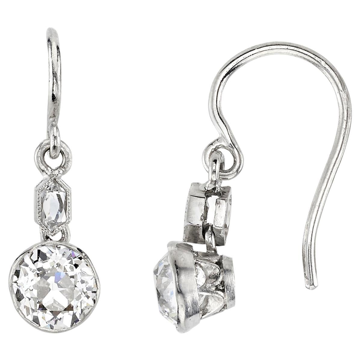 Antique Claw Set Old Mine Cut Diamond Yellow Gold Drop Earrings at 1stDibs