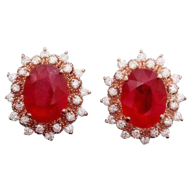 12.10ct Natural Ruby and Diamond 14K Solid Rose Gold Earrings For Sale ...