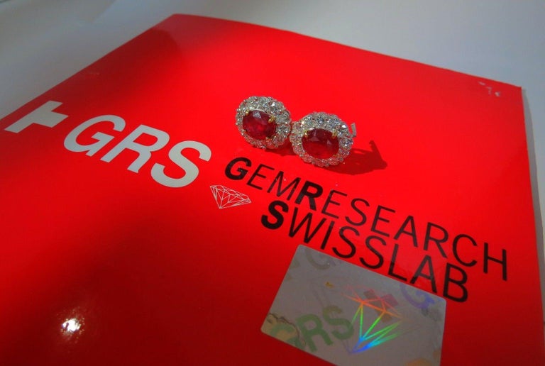 12.12 Carat GRS No Heat Oval Vivid Red Ruby Diamond Cluster Earrings ...