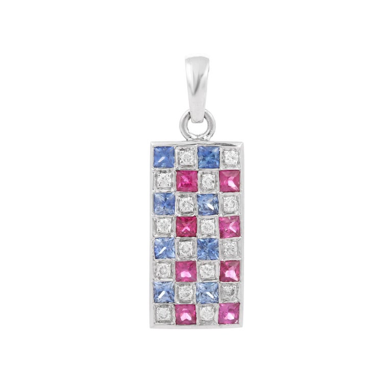 1.22 Ct Sapphire Ruby and Diamond Checks Bar Pendant Encrusted in 18K ...