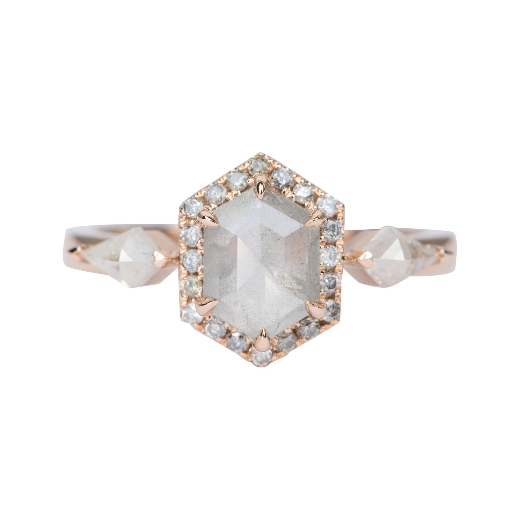 1.22ct Hexagon Salt and Pepper Diamond Halo Engagement Ring 14k Rose ...