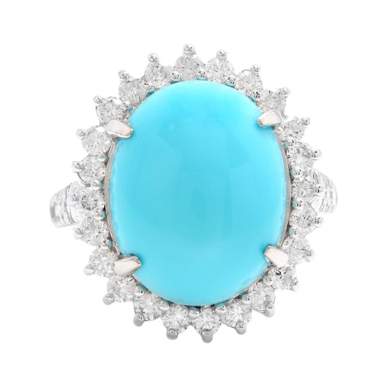 12.30 Carats Natural Turquoise and Diamond 14k Solid White Gold Ring ...