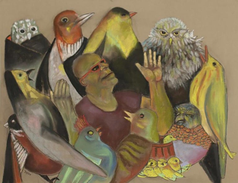 Stephen Basso - rare birds, man with hands raised, colourful pastel ...