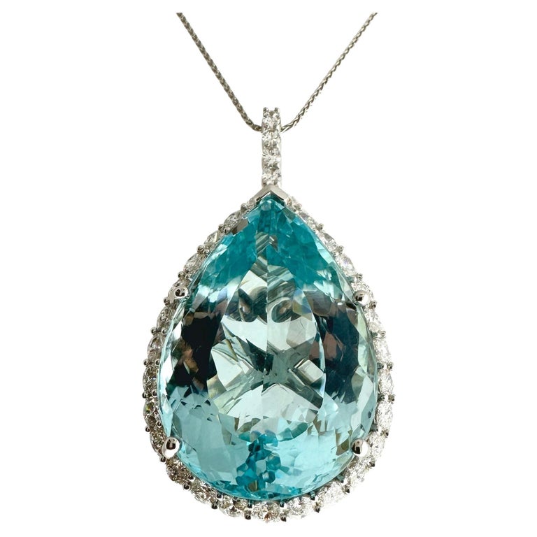 123.44 Carat Blue Topaz Oval Cut and Diamond Fashion Pendant in 18k ...