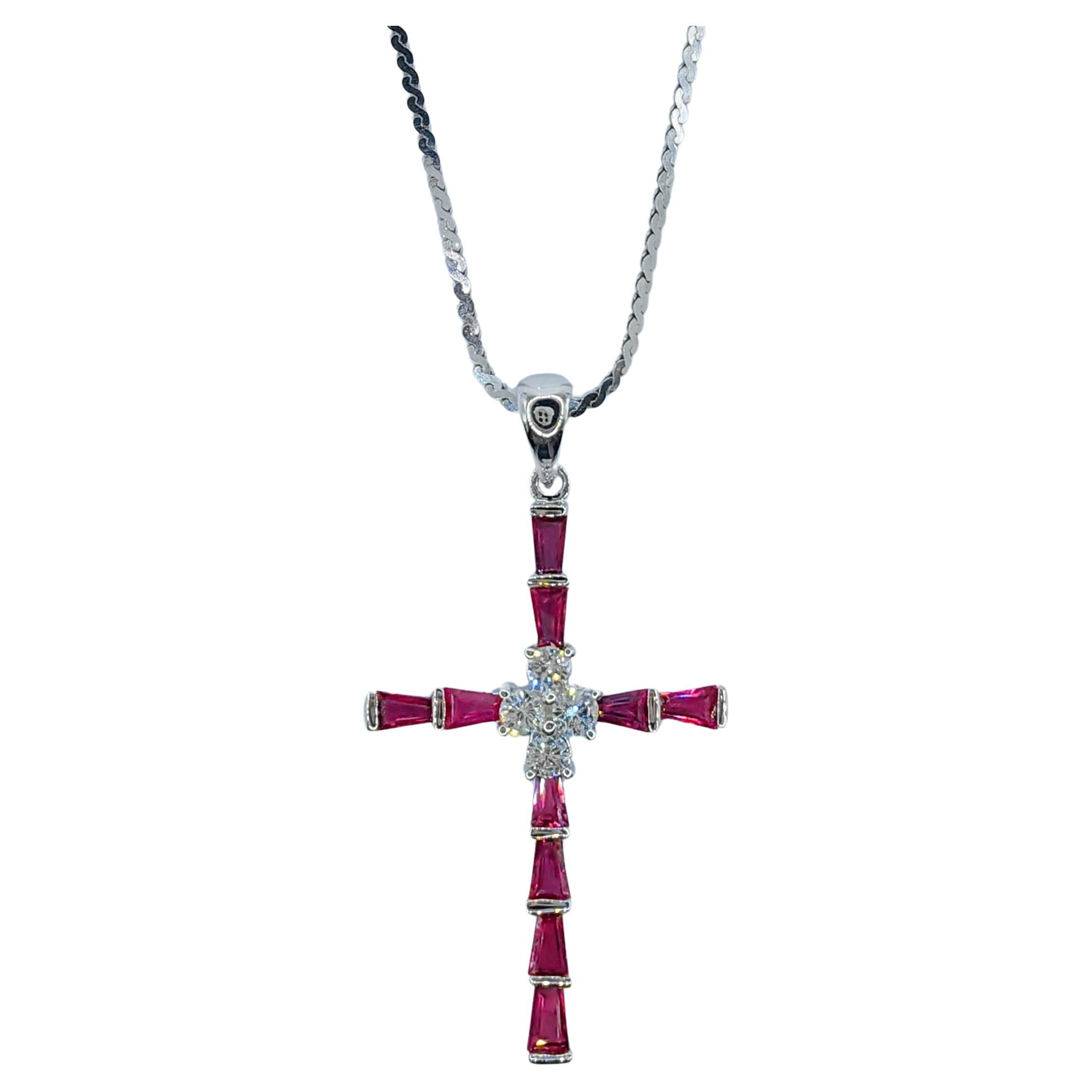 1.23ct Pigeon Blood Ruby and Diamond Cross Necklace Pendant in 18K ...