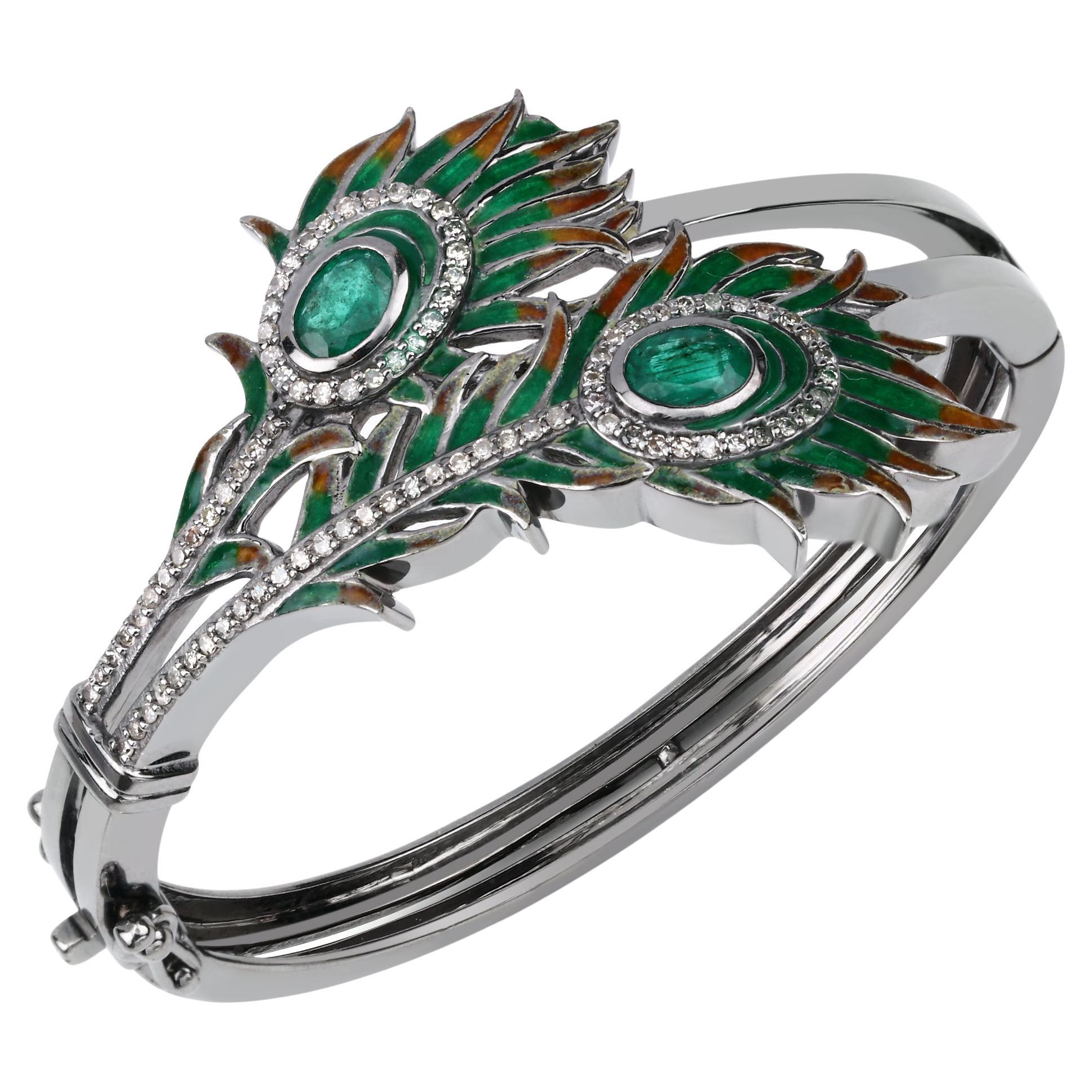 Pretty Peacock Bangle in Silver and Gold with Rosecut Diamonds For Sale ...