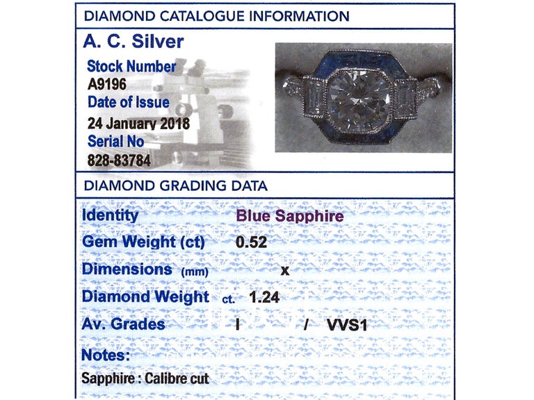1.24 Carat Diamond and Sapphire Platinum Engagement Ring For Sale at ...
