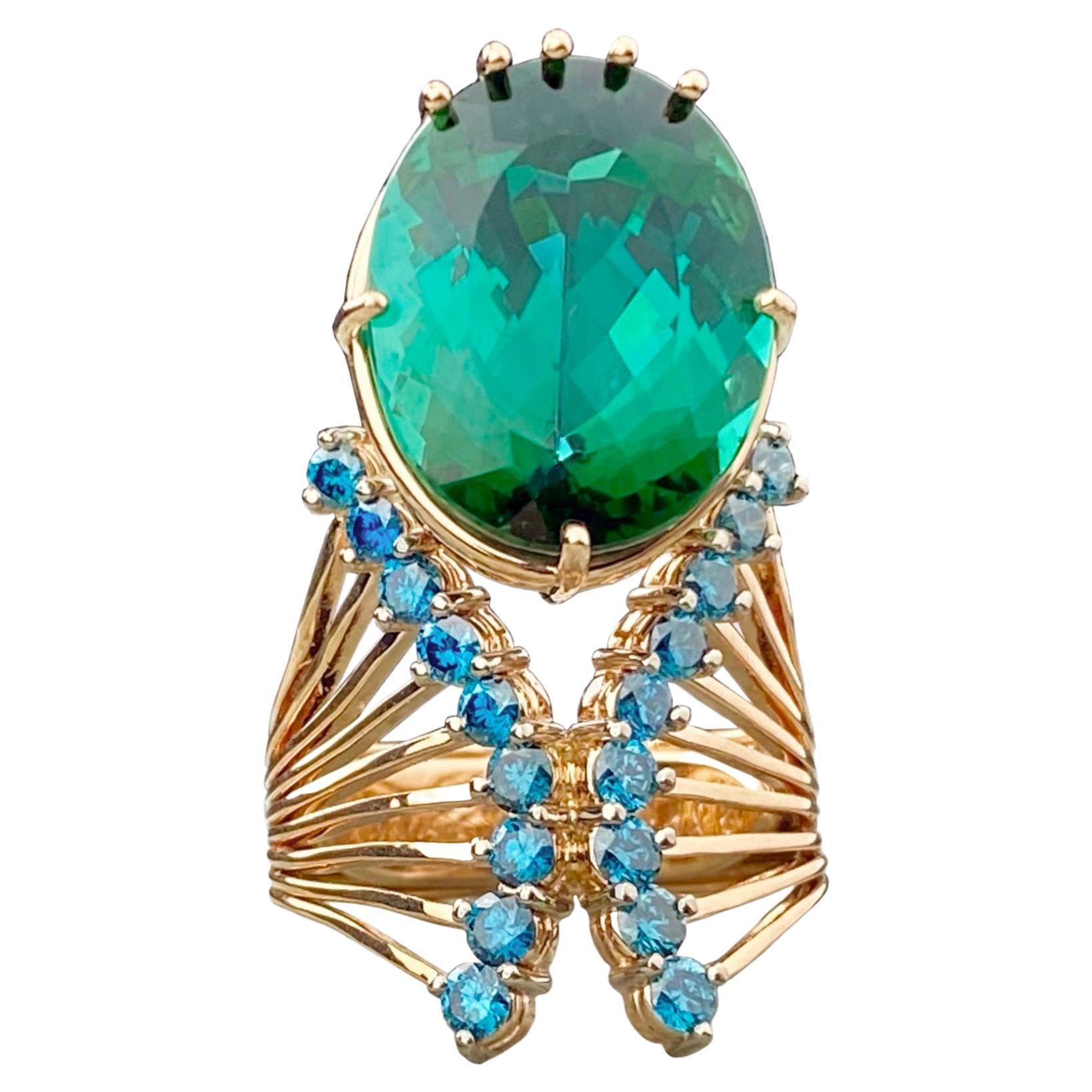 5.75 Carat Octagonal Green Tourmaline Diamond Palladium Cocktail Ring ...