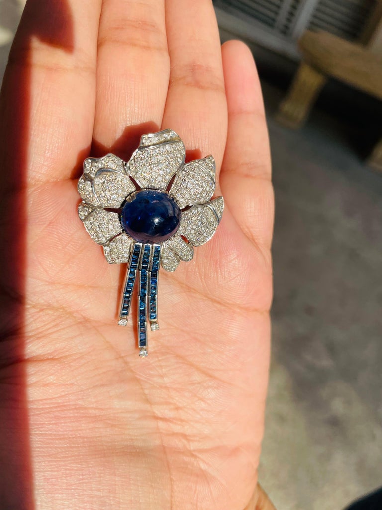 12.5 Carat Blue Sapphire and Diamond Flower Brooch in 18K White Gold ...