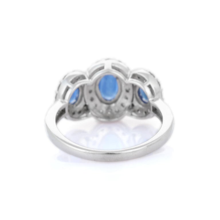 Customizable 18k Solid White Gold Halo Diamond and Blue Sapphire Three-Stone Engagement Ring For ...