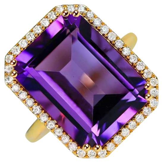 12.50ct Emerald Cut Amethyst Cocktail Ring, Diamond Halo, 18k Yellow ...