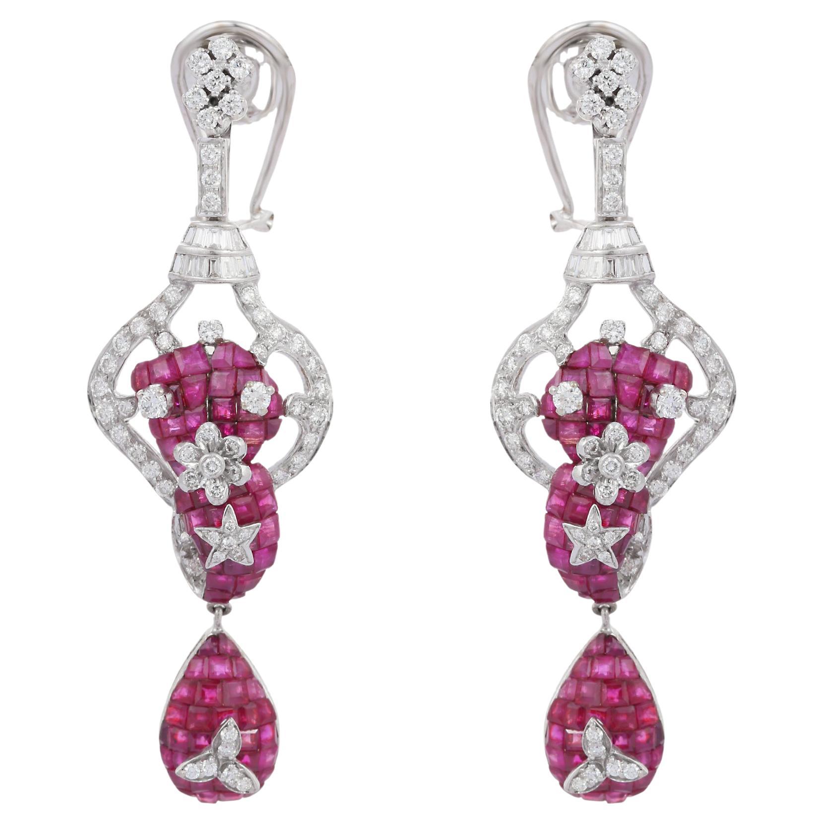 3.56 Carat of Pear Shape Ruby Diamond Drop Earrings in 18K White Gold ...