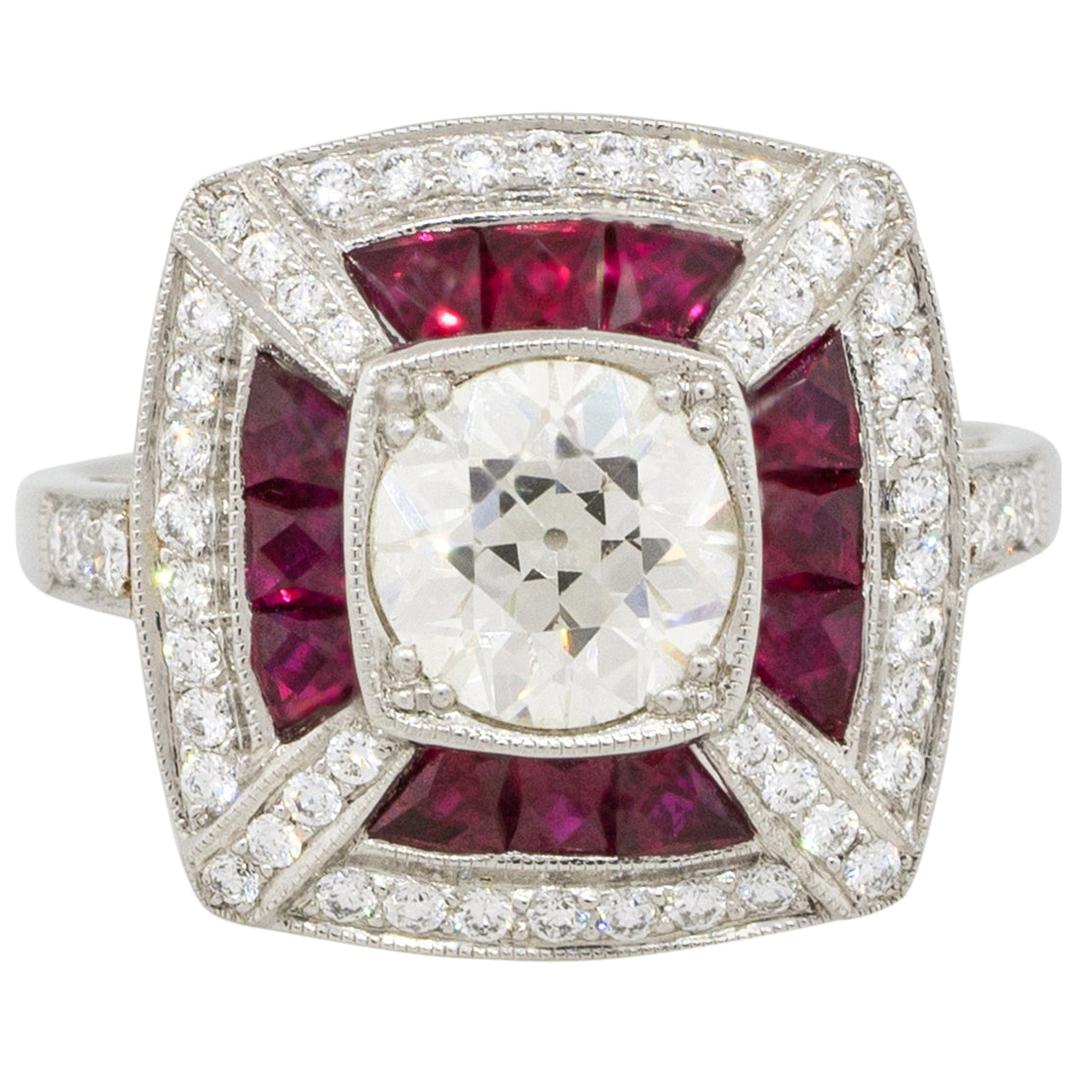 1.26 Carat Old Euro Cut Bezel Set Diamond Ring with Rubies Platinum in ...