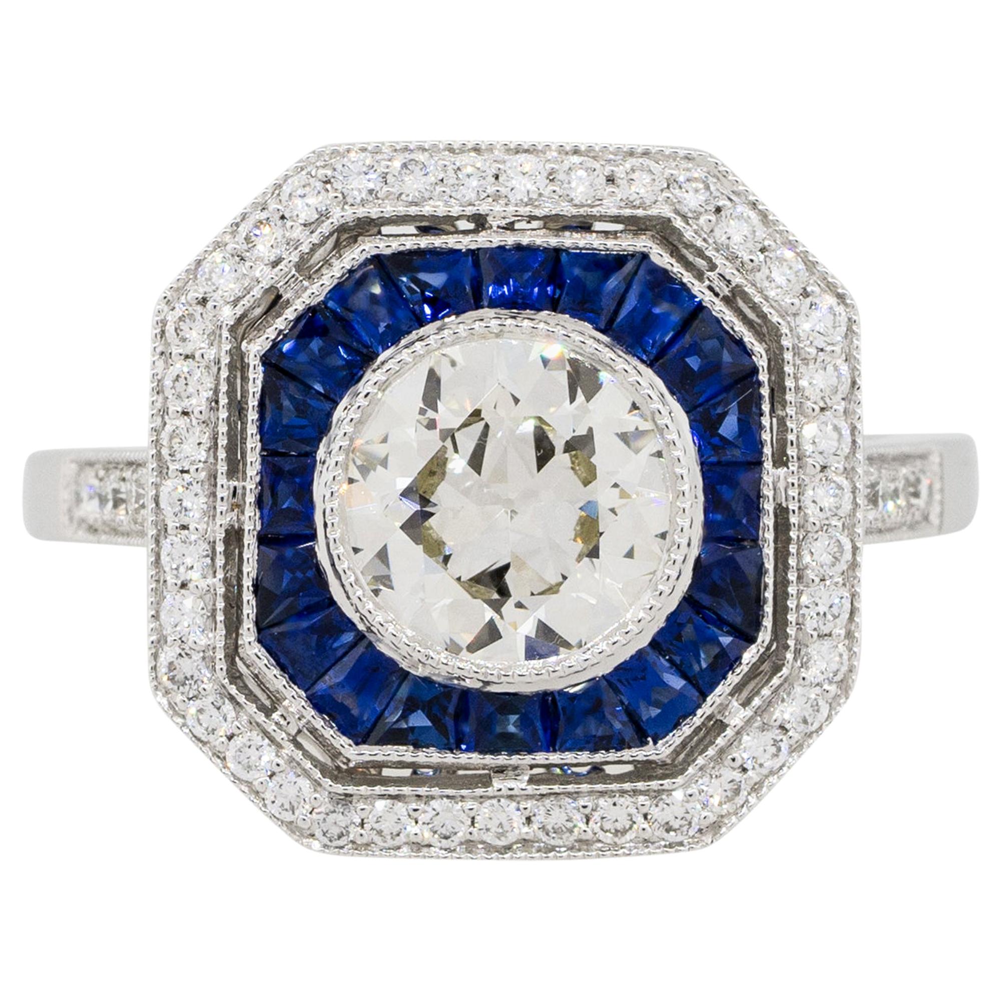 1.27 Carat Euro Cut Bezel Set Diamond Ring with Sapphires Platinum in ...