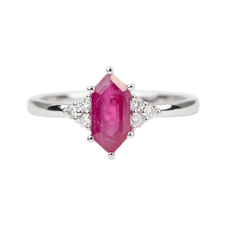 1.27ct Hexagon Ruby Trio Diamond Sides Engagement Ring 14k White Gold AD1752-27 For Sale at 1stDibs