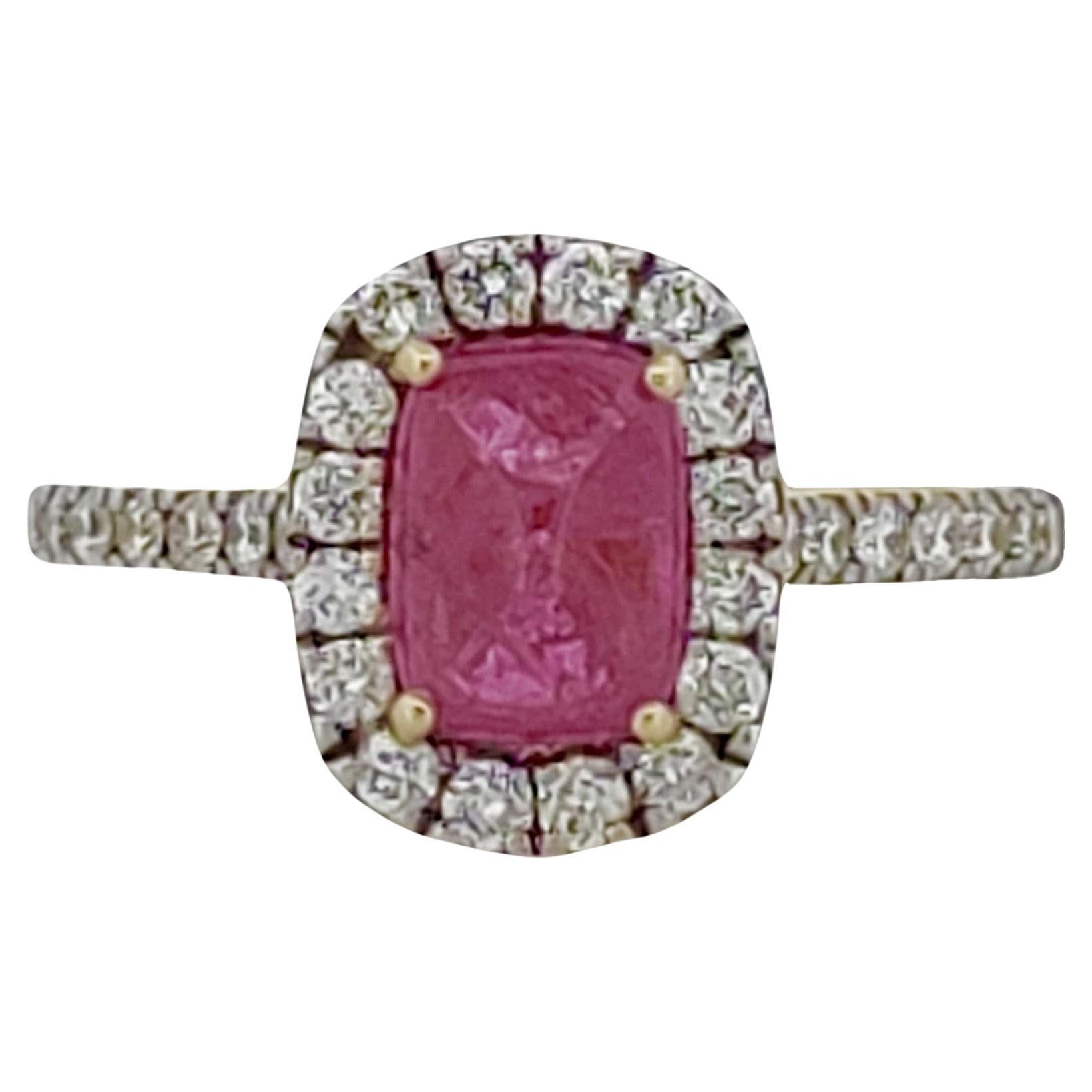 1.28 Carat Pink Sugarloaf Ruby Ring with Halo Diamonds in 18K Yellow ...