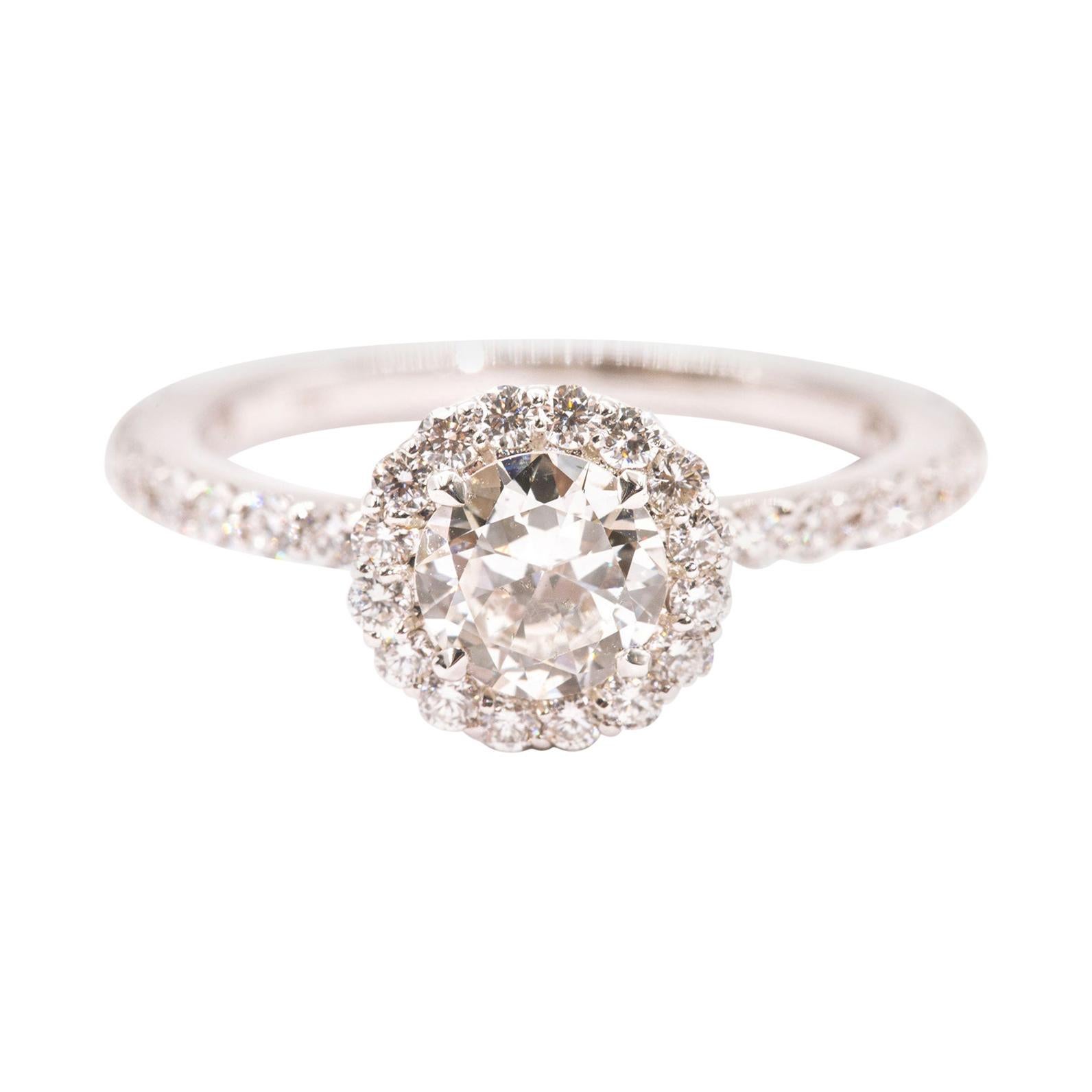 Round Brilliant Halo Set Diamond White Gold Engagement Ring at 1stDibs