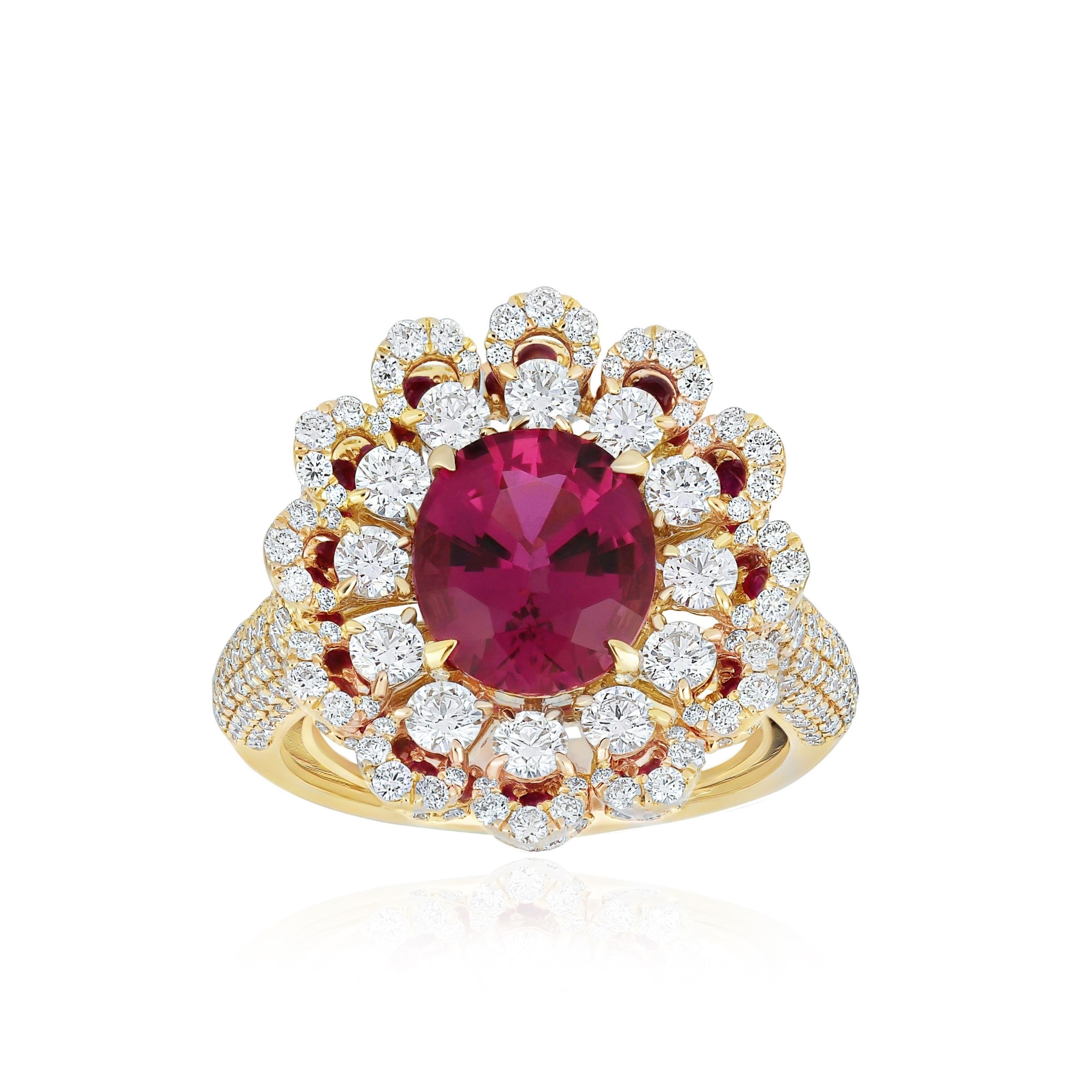 1.29CT's Rubellite, Ruby Diamond Ring in 18 karat Yellow Gold Hand-crafted Ring For Sale at 1stDibs