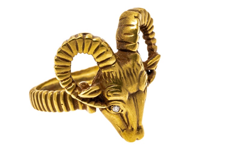 12k Burnished Yellow Gold Figural Rams Head Ring with Diamond Eyes For ...