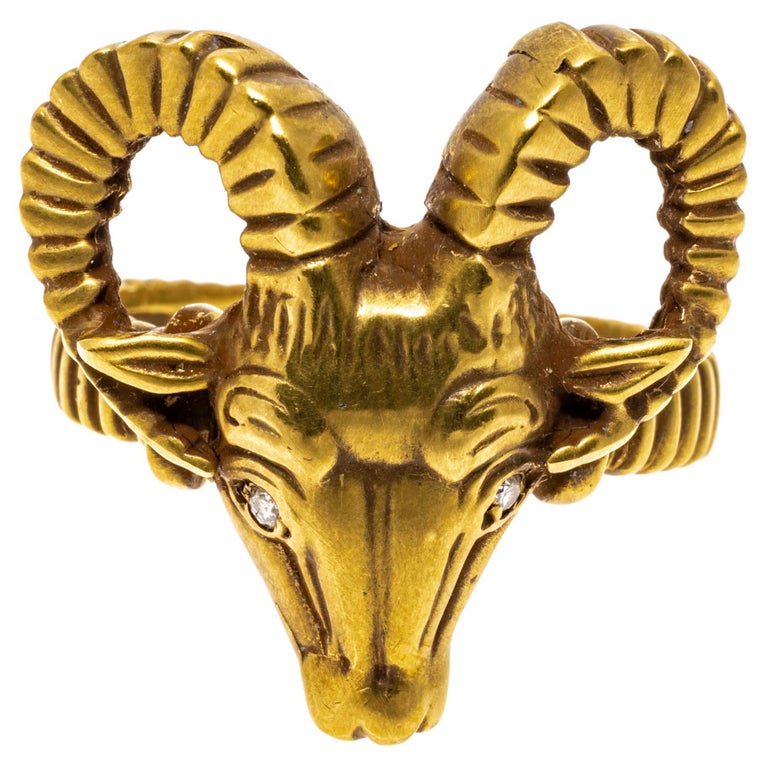 12k Burnished Yellow Gold Figural Rams Head Ring with Diamond Eyes For ...