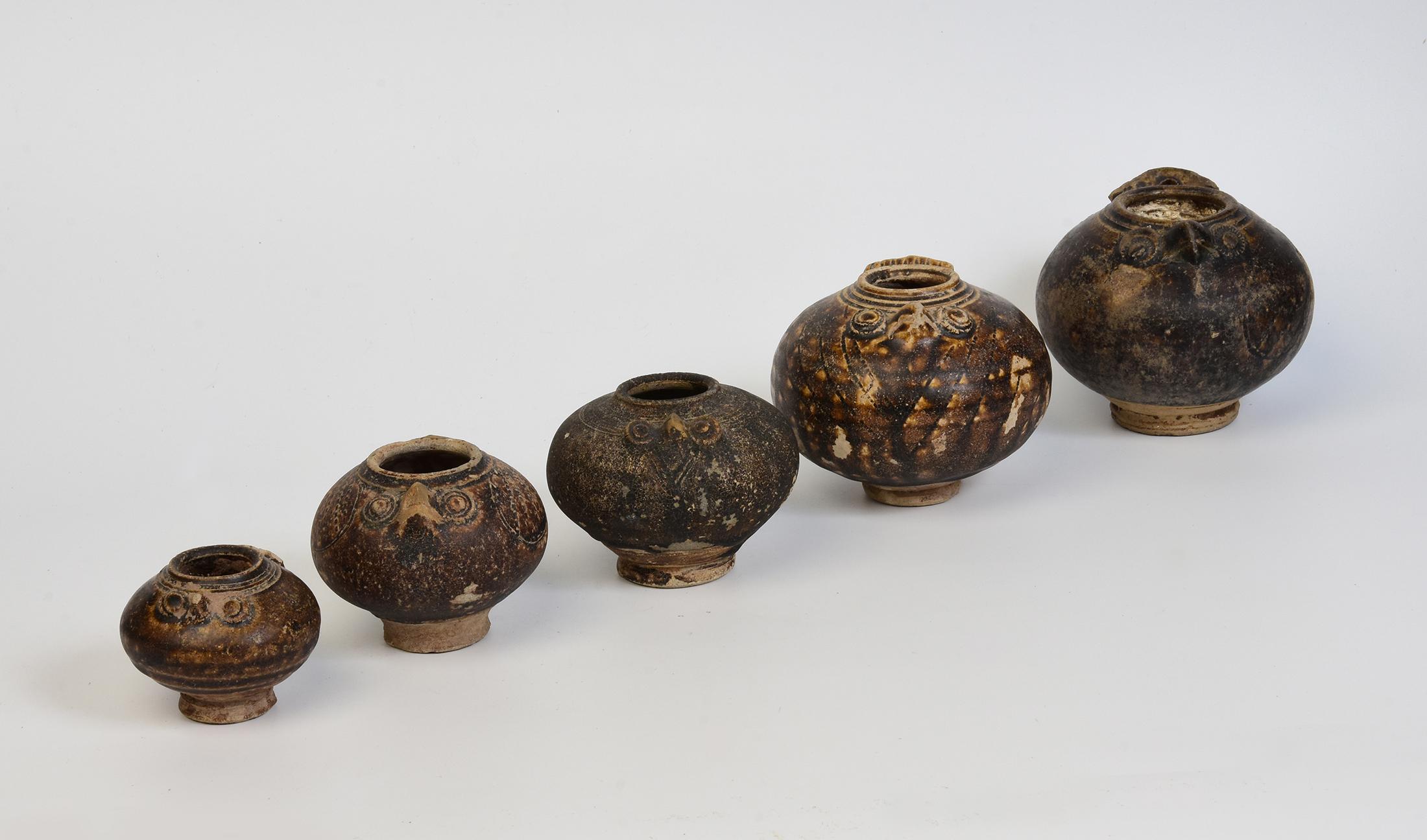 12th-13th C, A Set of Antique Khmer Brown Glazed Pottery Lime Pot in ...