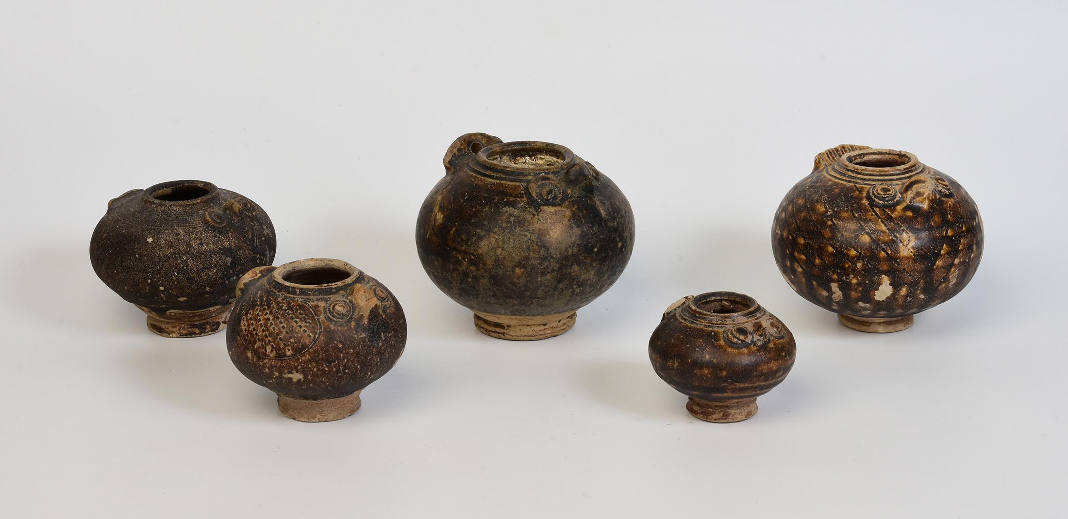 12th-13th C, A Set of Antique Khmer Brown Glazed Pottery Lime Pot in ...