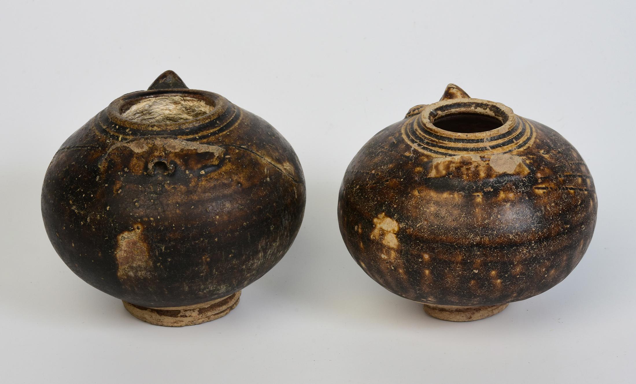 12th-13th C, A Set of Antique Khmer Brown Glazed Pottery Lime Pot in ...