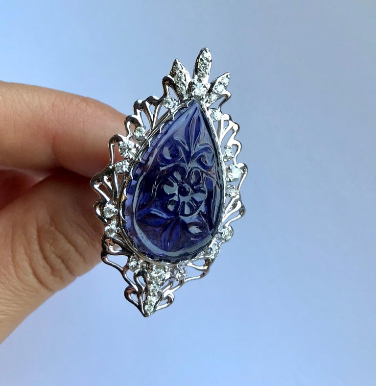 13 Carat Carved Iolite and Diamond Fashion Cocktail Ring in 14 Karat ...