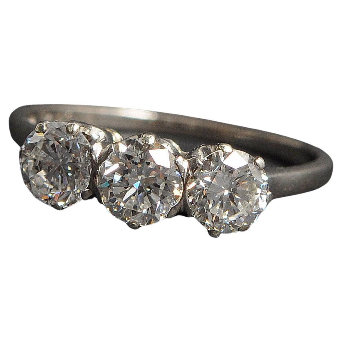 Three stone 2.6 carat transitional cut diamond engagement ring, circa ...