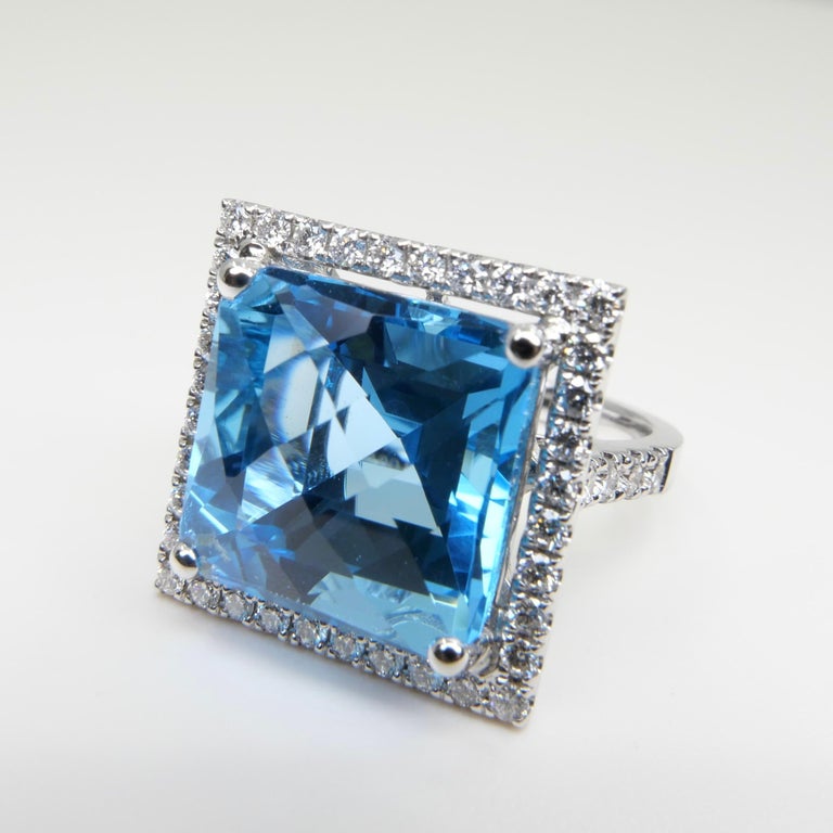 13 Cts checker Square Cut Blue Topaz and Diamond Cocktail Ring. Big ...
