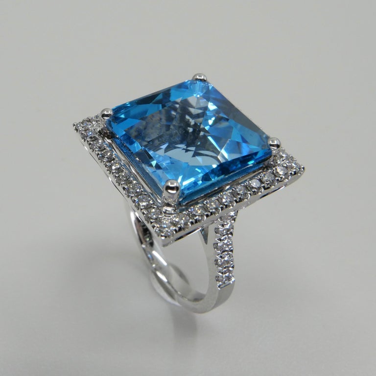 13 Cts checker Square Cut Blue Topaz and Diamond Cocktail Ring. Big ...