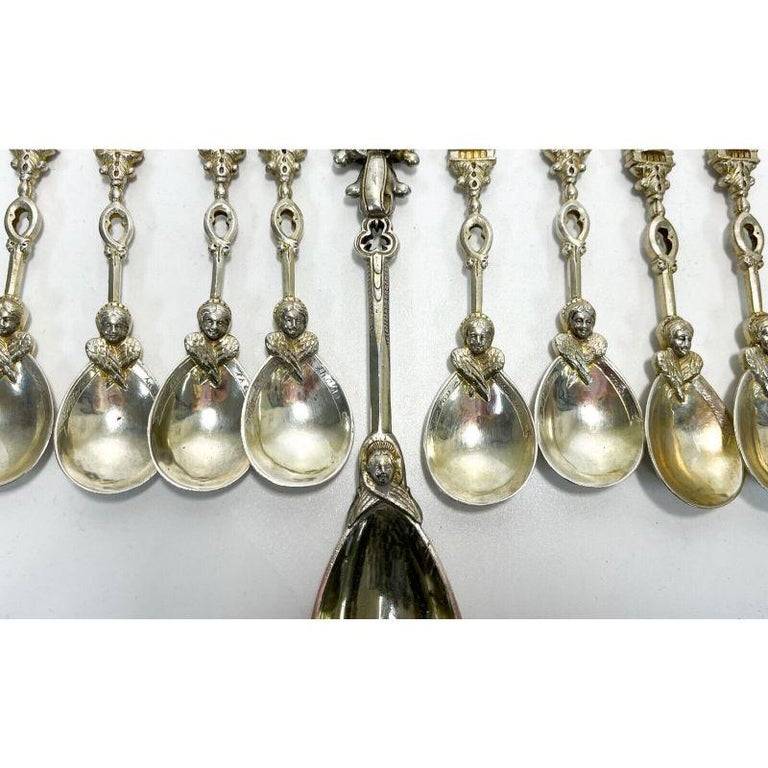 13 Dutch Silver Figural Apostle Berry or Ice Cream Flatware Set Spoons ...