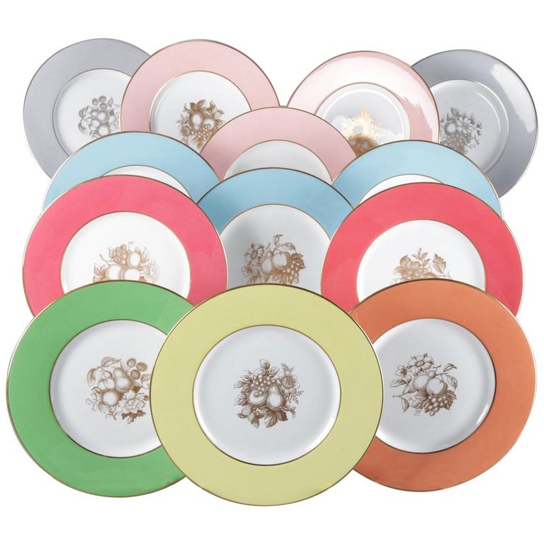 13 English Spode Multi-Colored Fruit Porcelain Dinner Plates, 20th ...