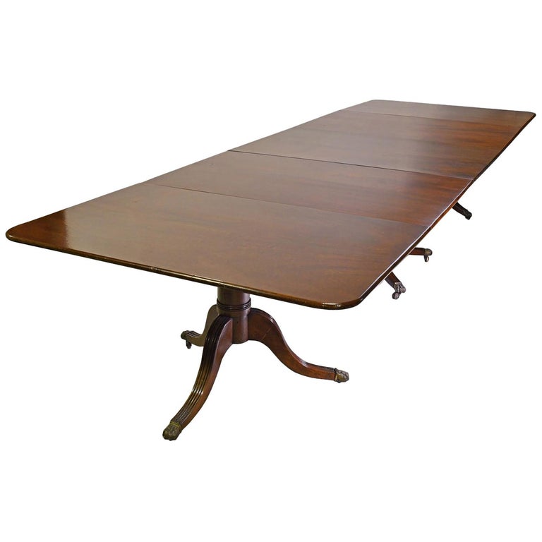 13' English Sheraton Dining Table in Mahogany, 3 Pedestals, 2 Leaves ...